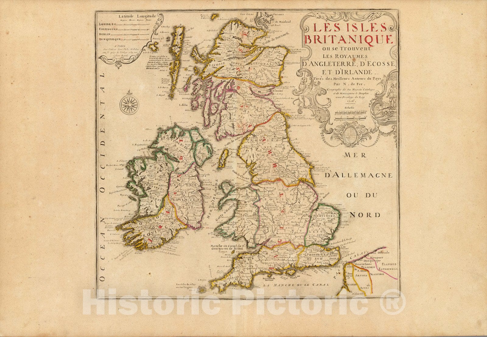 Historic Wall Map : England,Les Isles Britanique 1706 , Vintage Wall A ...