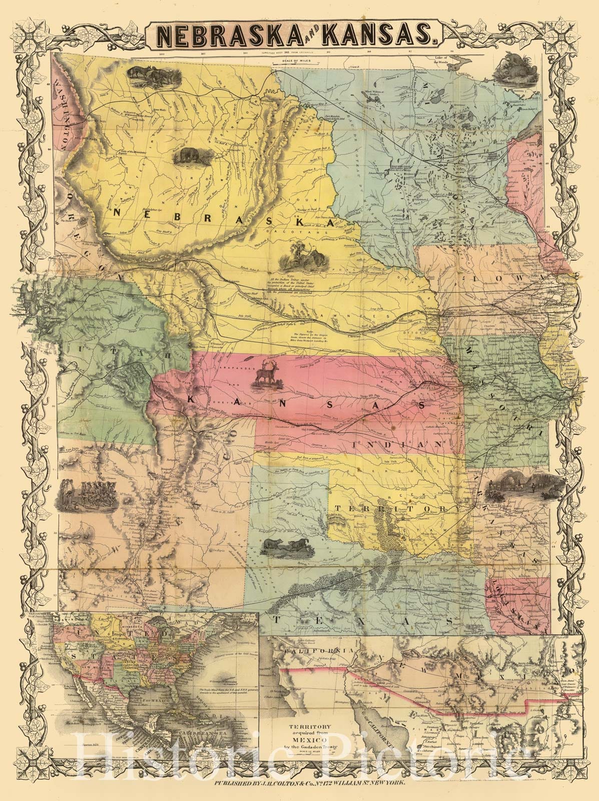 Historic Wall Map : Pocket Map, Nebraska And Kansas. 1855 - Vintage Wa ...
