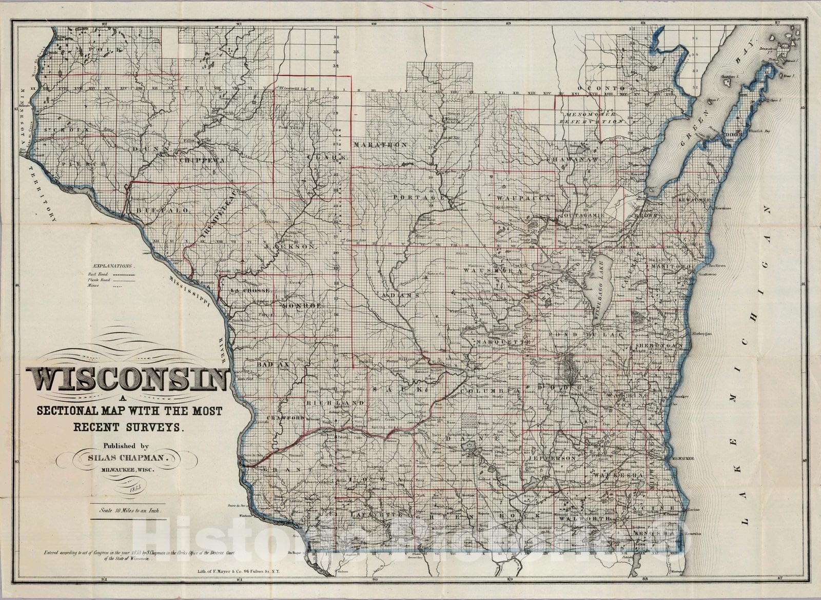 Historic Wall Map : Wisconsin, A Sectional Map, 1855 - Vintage Wall Ar ...