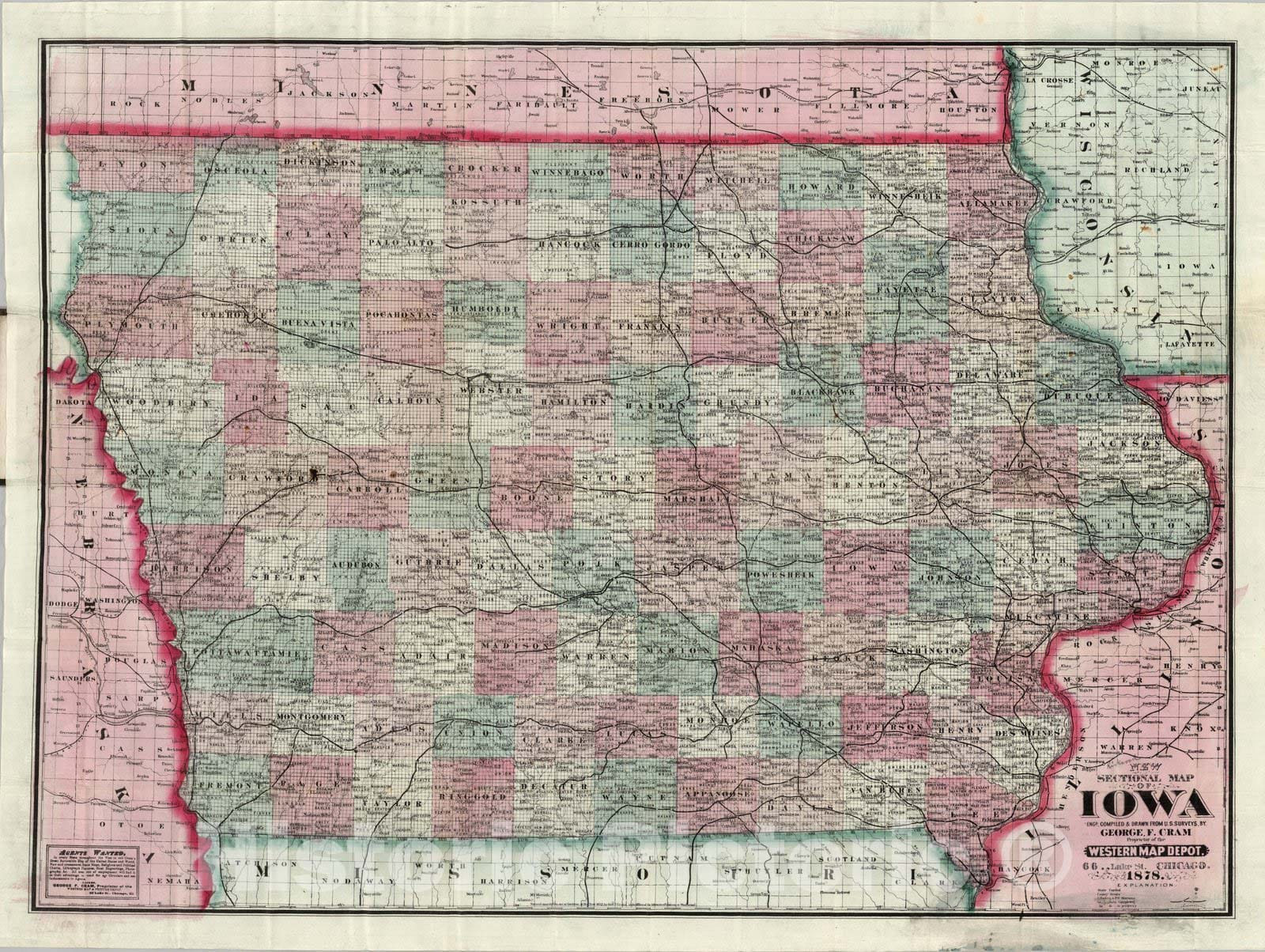 Historic Map : New Sectional Map of Iowa, 1878 - Vintage Wall Art ...