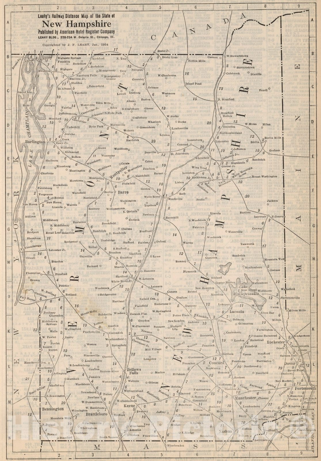 Historic Map : Railway Distance Map of the State of New Hampshire, 193 ...