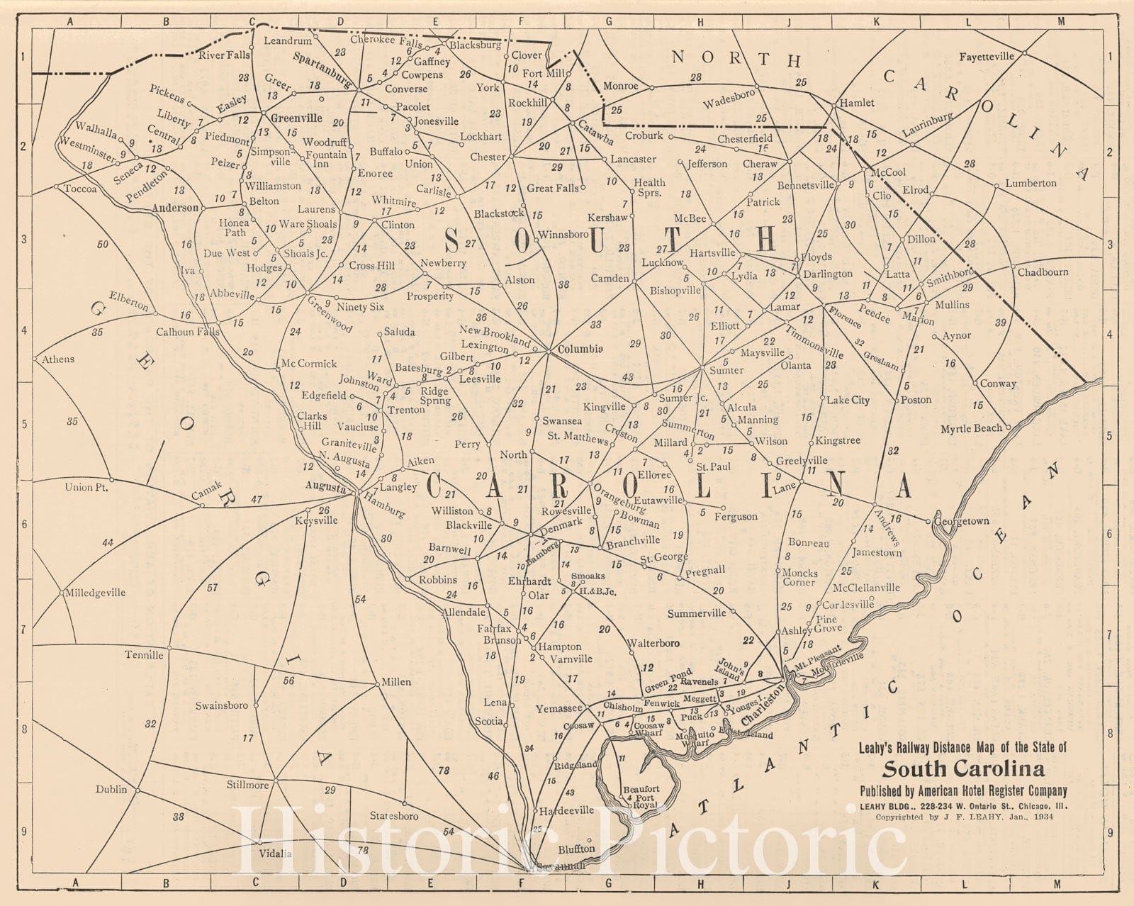 Historic Map : Railway Distance Map of the State of South Carolina, 19 ...