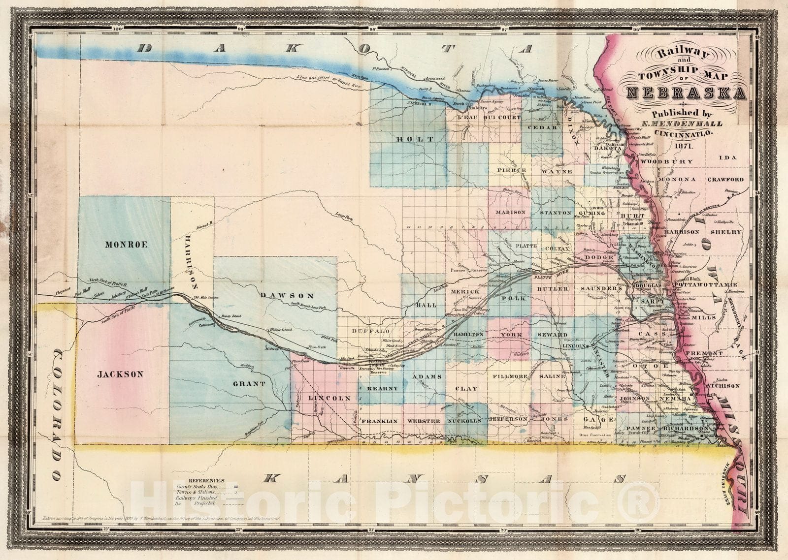 Historic Map : Railway and Township Map of Nebraska, 1871 - Vintage Wa ...