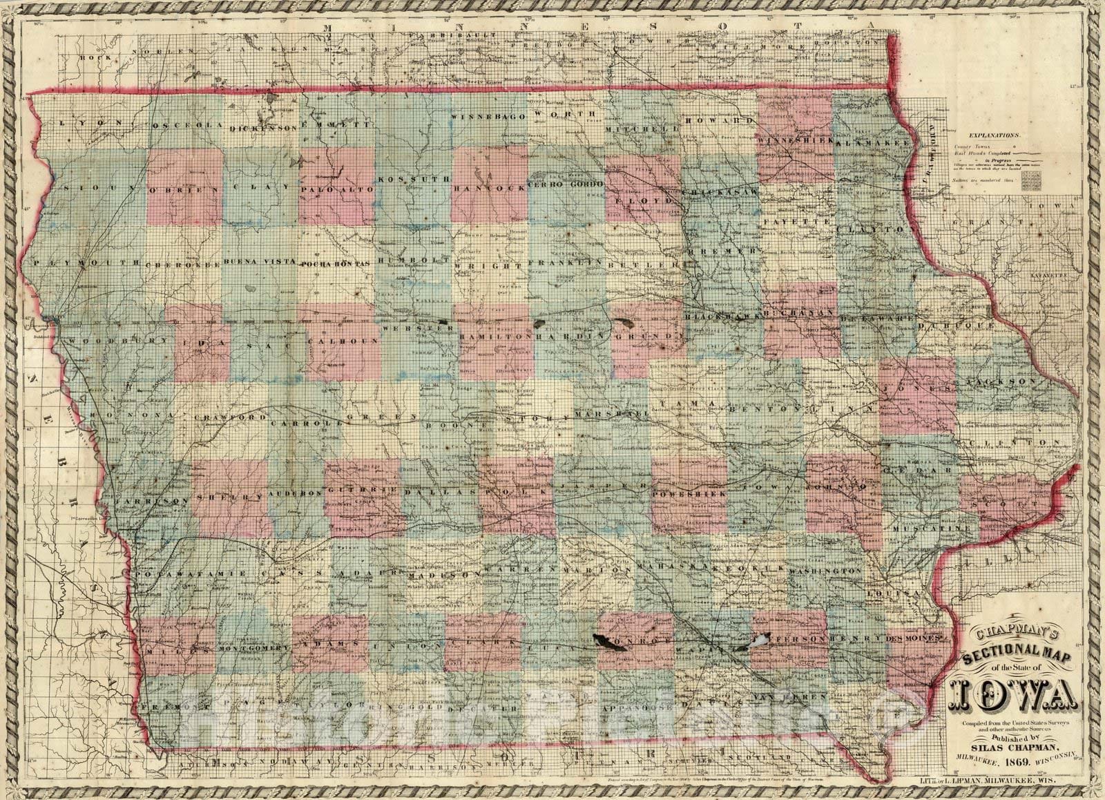 Historic Map : Sectional Map of the State of Iowa, 1869 - Vintage Wall ...