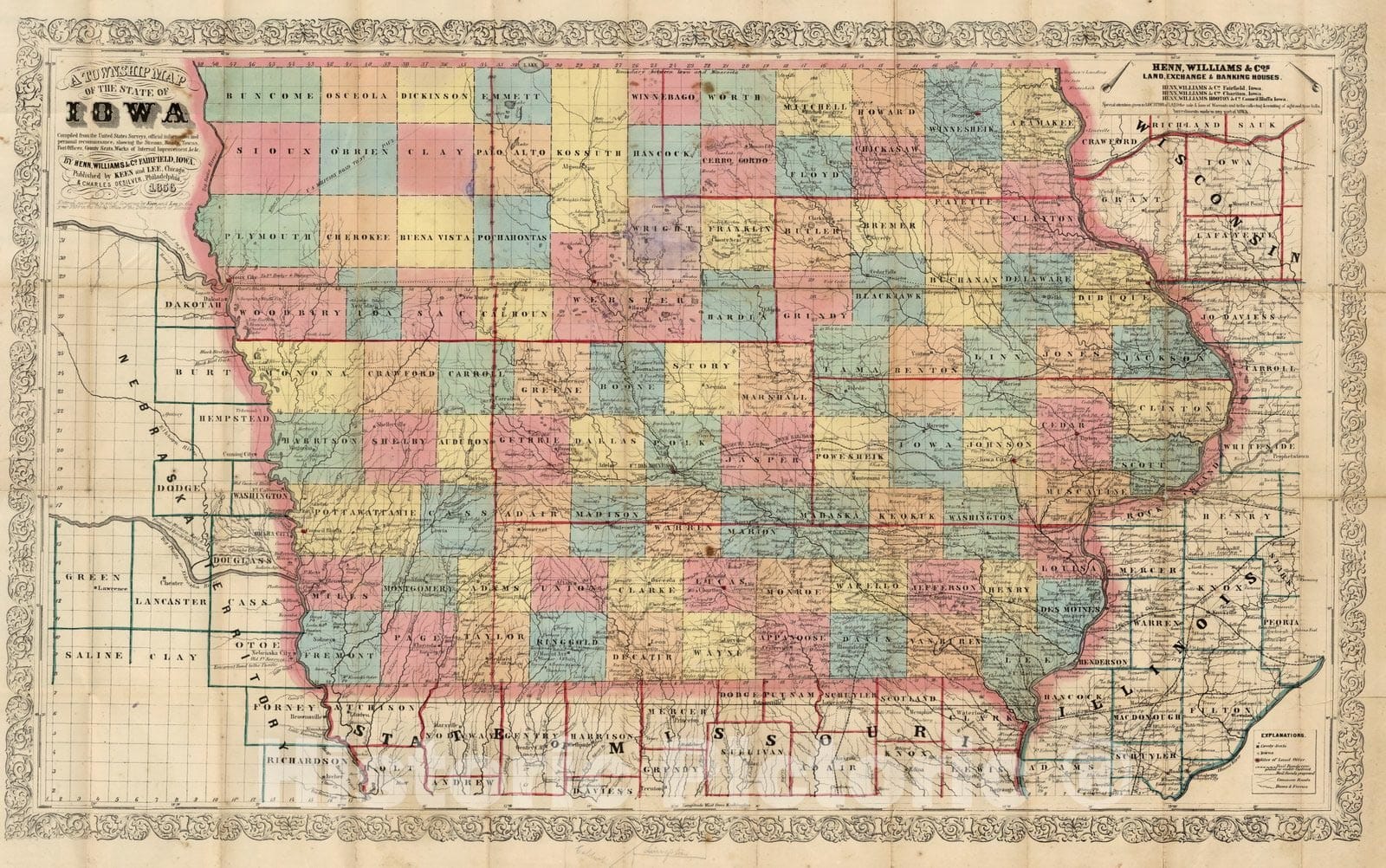Historic Map Township Map Of The State Of Iowa 1856 Vintage Wall Historic Pictoric