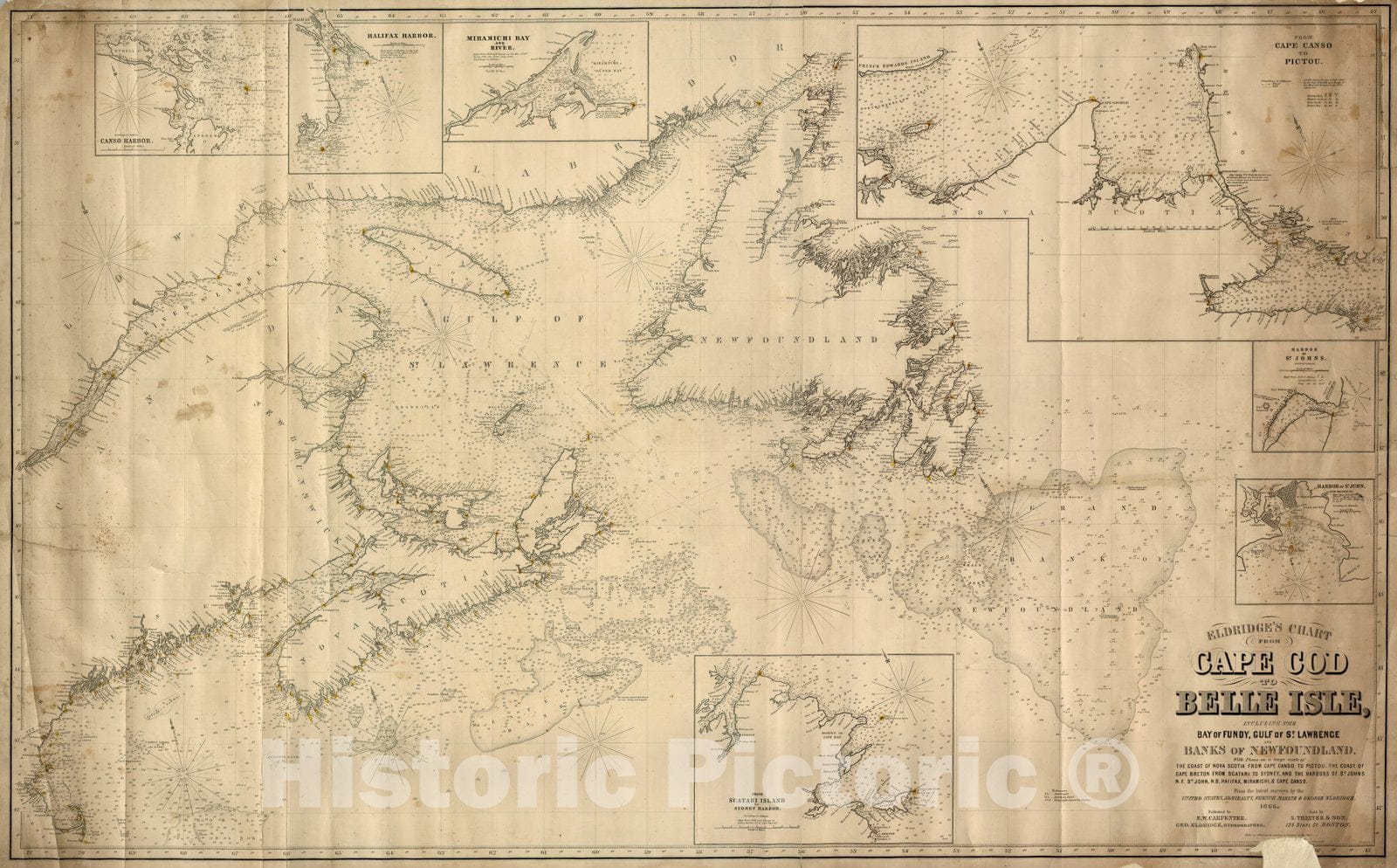Historic Map : Wall Map, Chart From Cape Cod To Belle Isle. 1866 - Vin ...