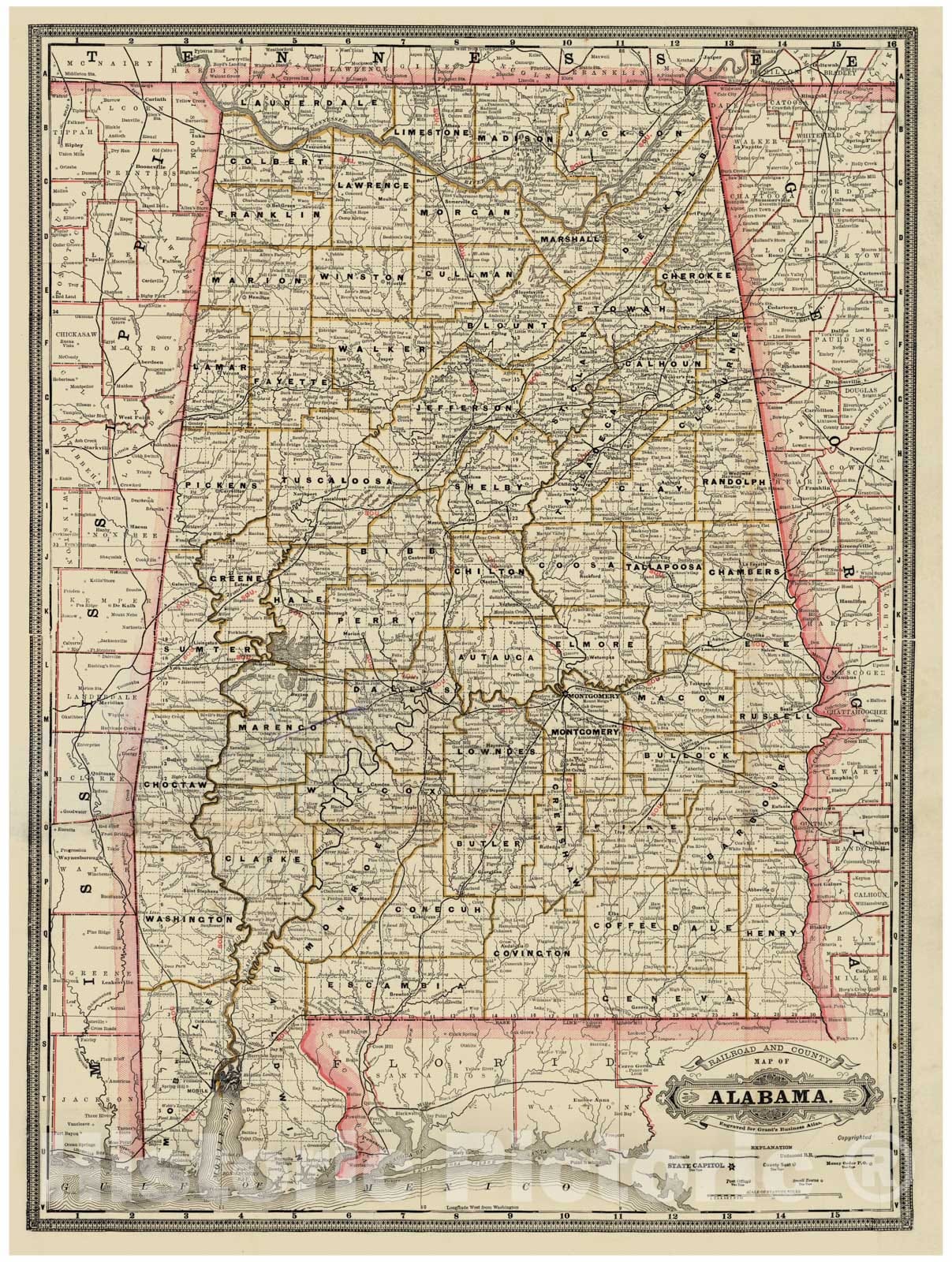 Historic Map - Railroad And County Map of Alabama, 1887 - Vintage Wall ...