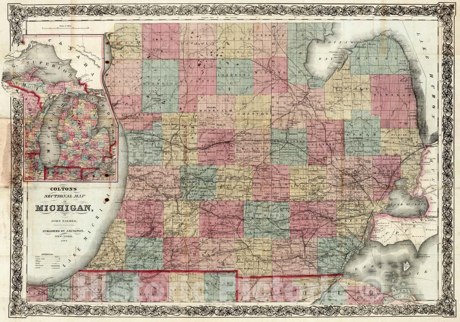 Historic Map : Farmer's Sectional Map of Michigan, 1865 - Vintage Wall ...