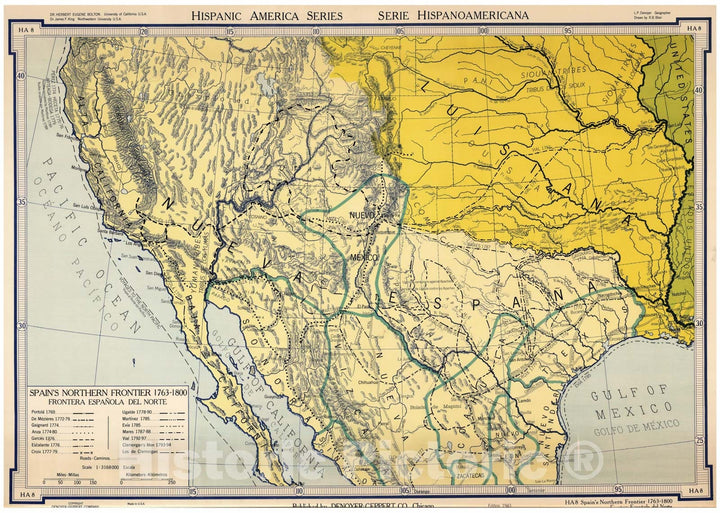 Historic Map - Wall Map, Mexico - Spanish Frontier. 1943 - Vintage Wal ...