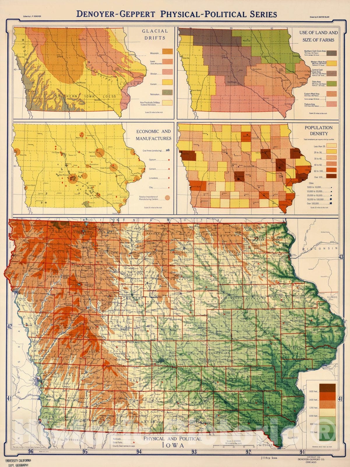 Historic Map : Wall Map, Iowa - Physical-Political 1940 - Vintage Wall ...
