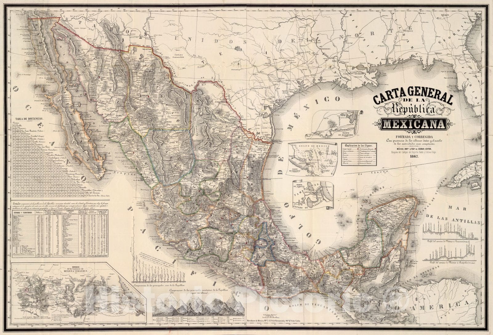 Historic Map : Mexico, Pocket Map, Republica Mexicana 1867 , Vintage W ...
