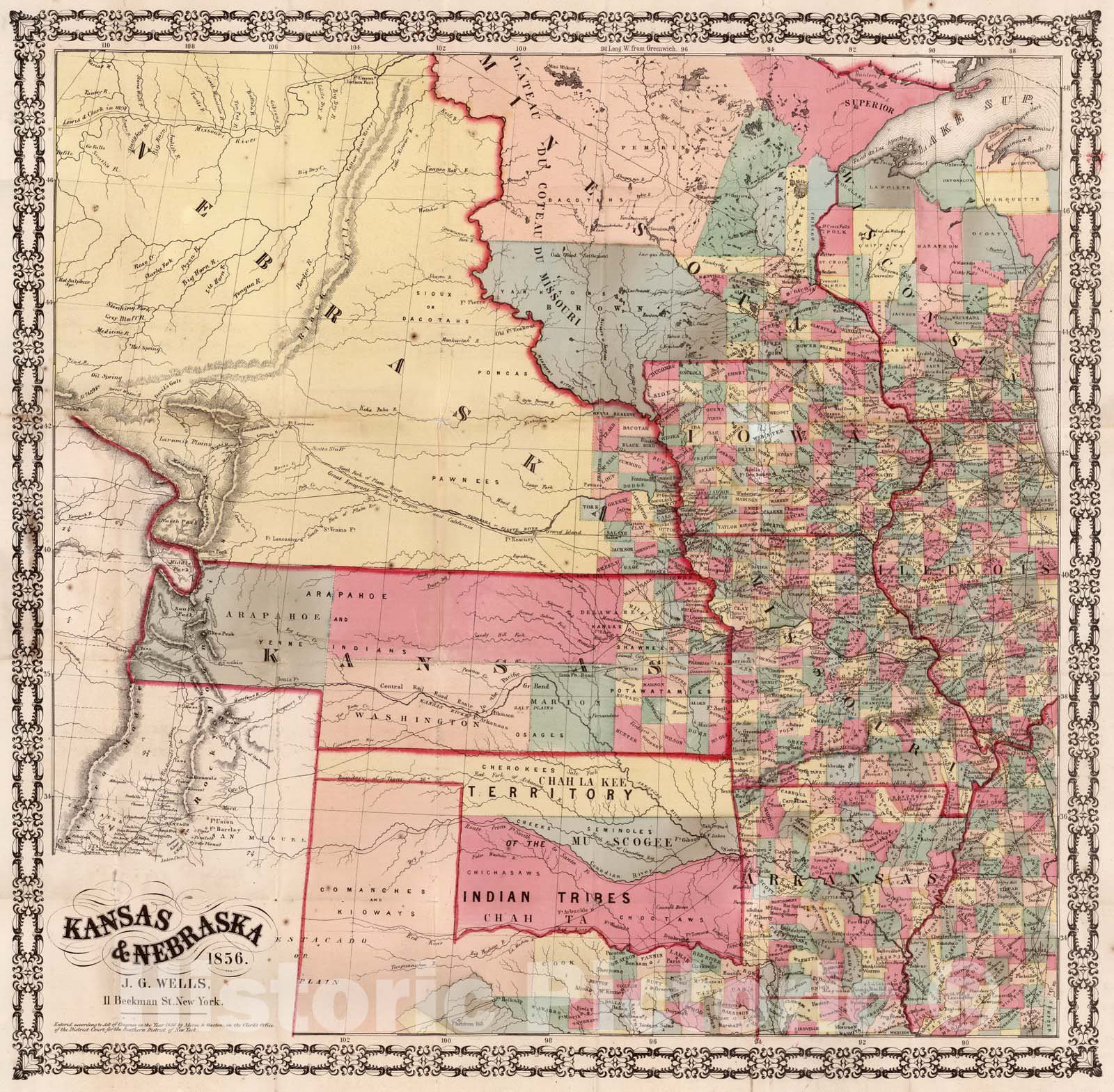 Historic Map : Pocket Map, Kansas & Nebraska. 1856 - Vintage Wall Art ...