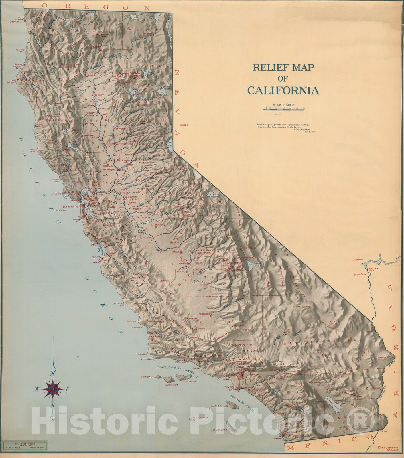 Historic Map : Wall Map, California - Physical. 1950 - Vintage Wall Ar ...