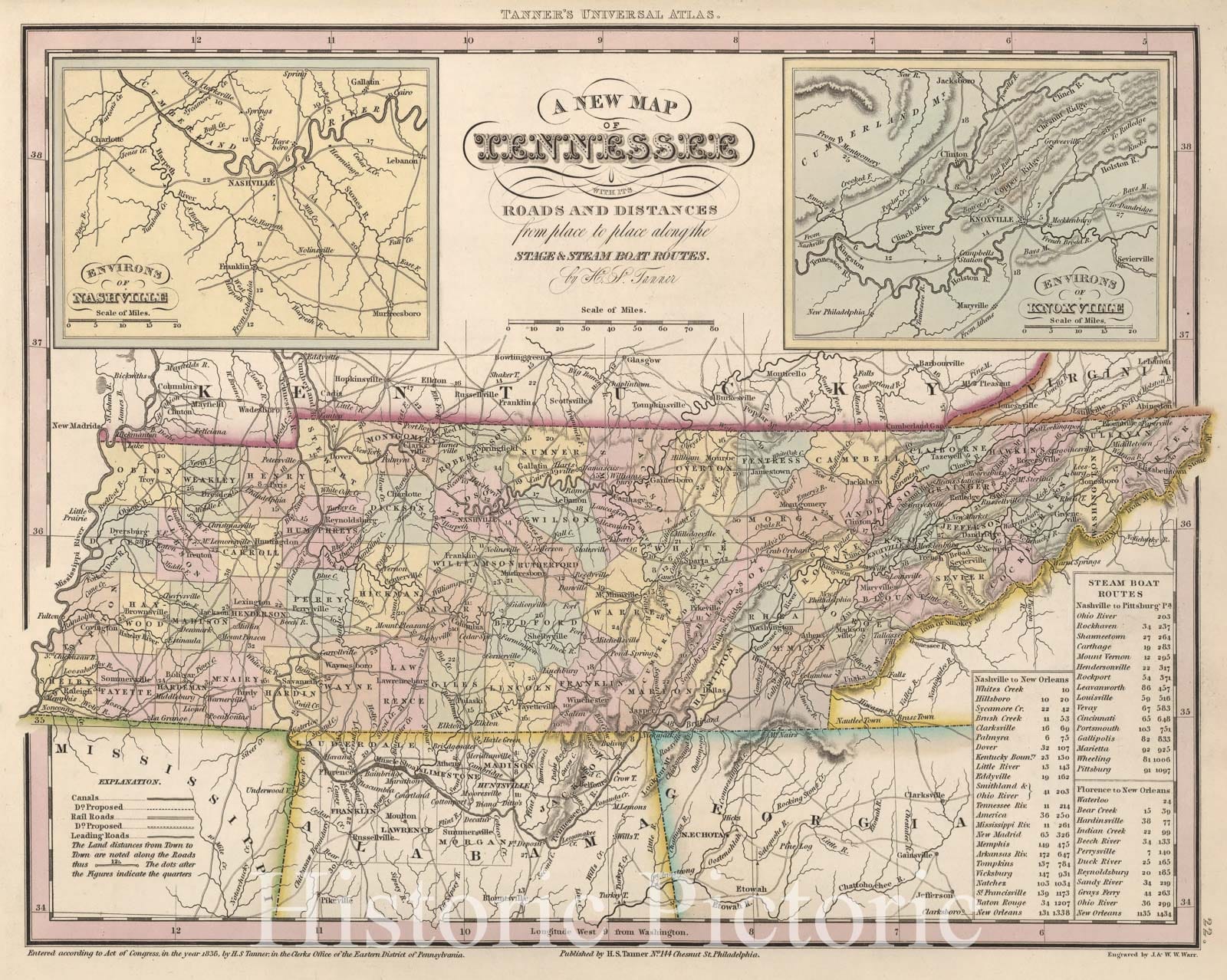 Historic Wall Map : A New Map of Tennessee with Its Roads & Distances ...