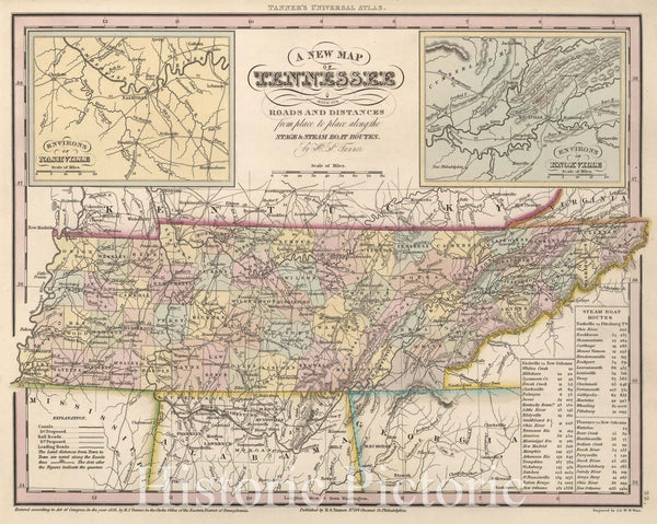 Historic Wall Map : A New Map of Tennessee with Its Roads & Distances ...