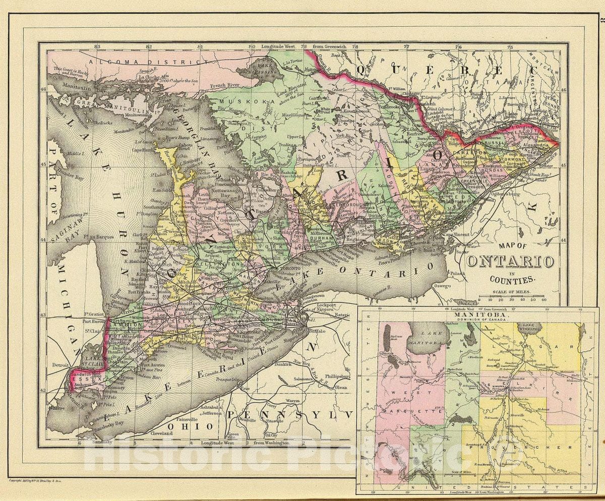 Historic Map : Map of Ontario in Counties. (with) Manitoba, Dominion o ...