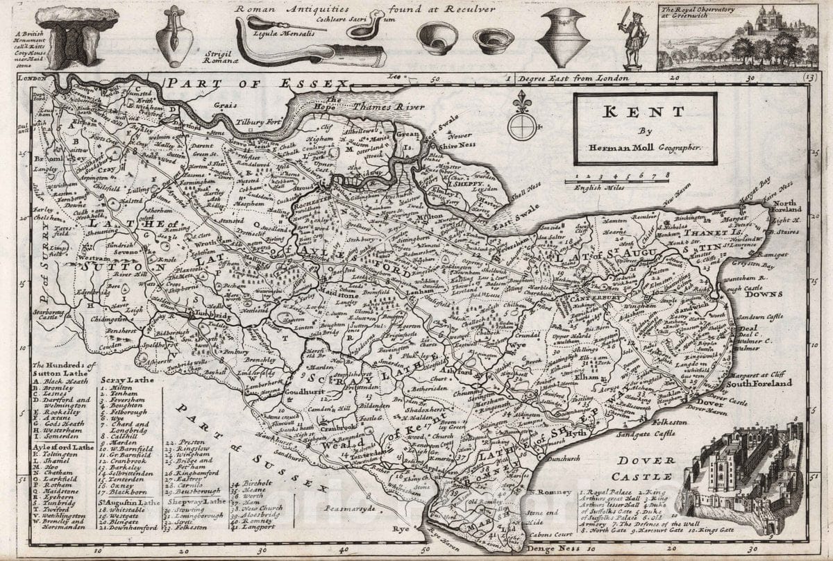 Historic Map : Kent. by Herman Moll Geographer, 1724 Atlas - Vintage W ...