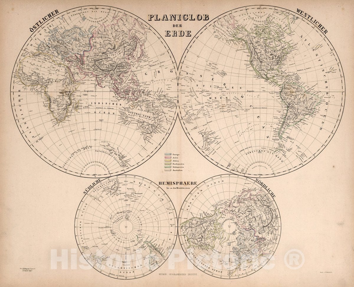 Historic Wall Map : Planiglob der Erde. Nordliche Hemisphaere bis zu d ...