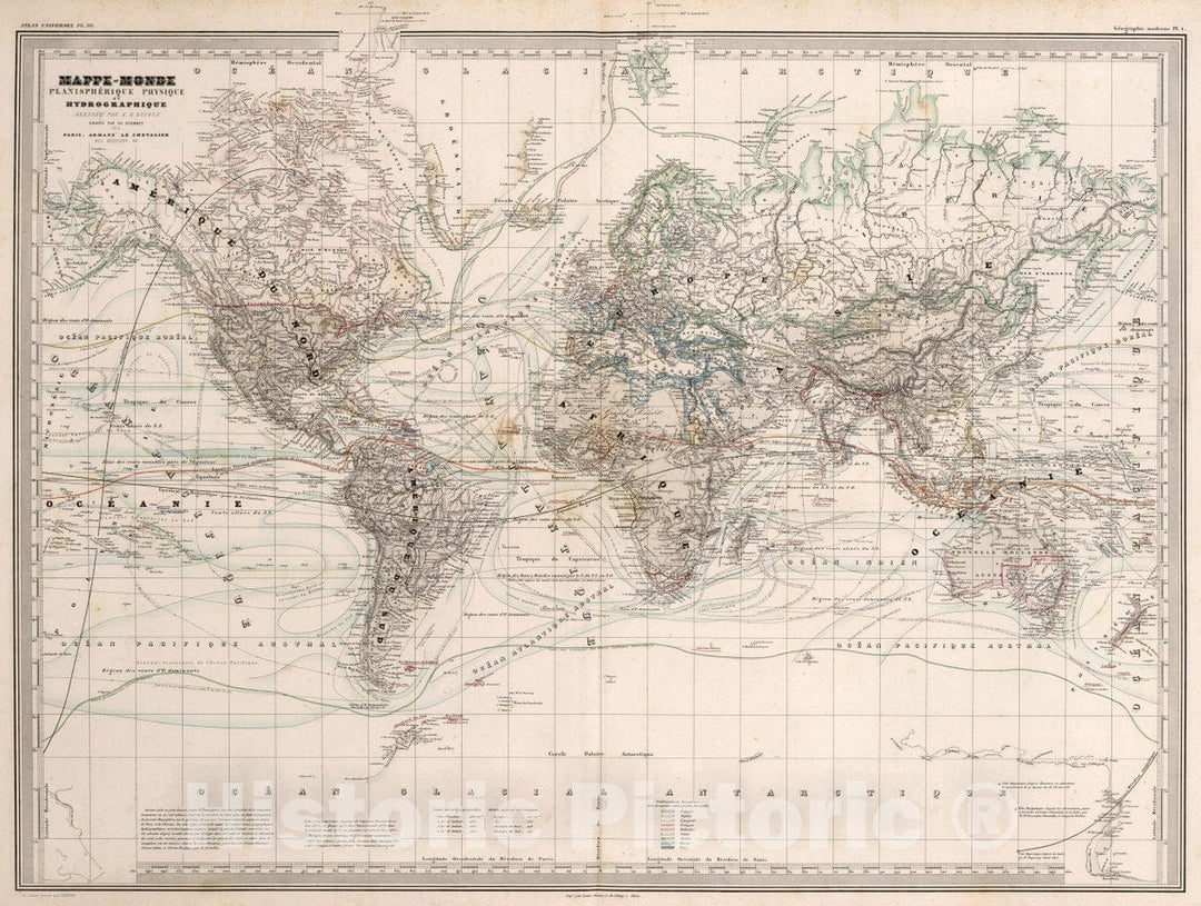 Historic Map : Mappe - Monde : Planispherrique, Physique et hydrograph – Historic Pictoric