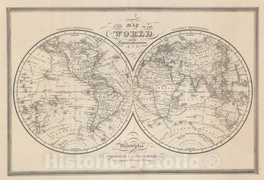 Historic Map : 1848 The World on the Globular Projection - Vintage Wal ...