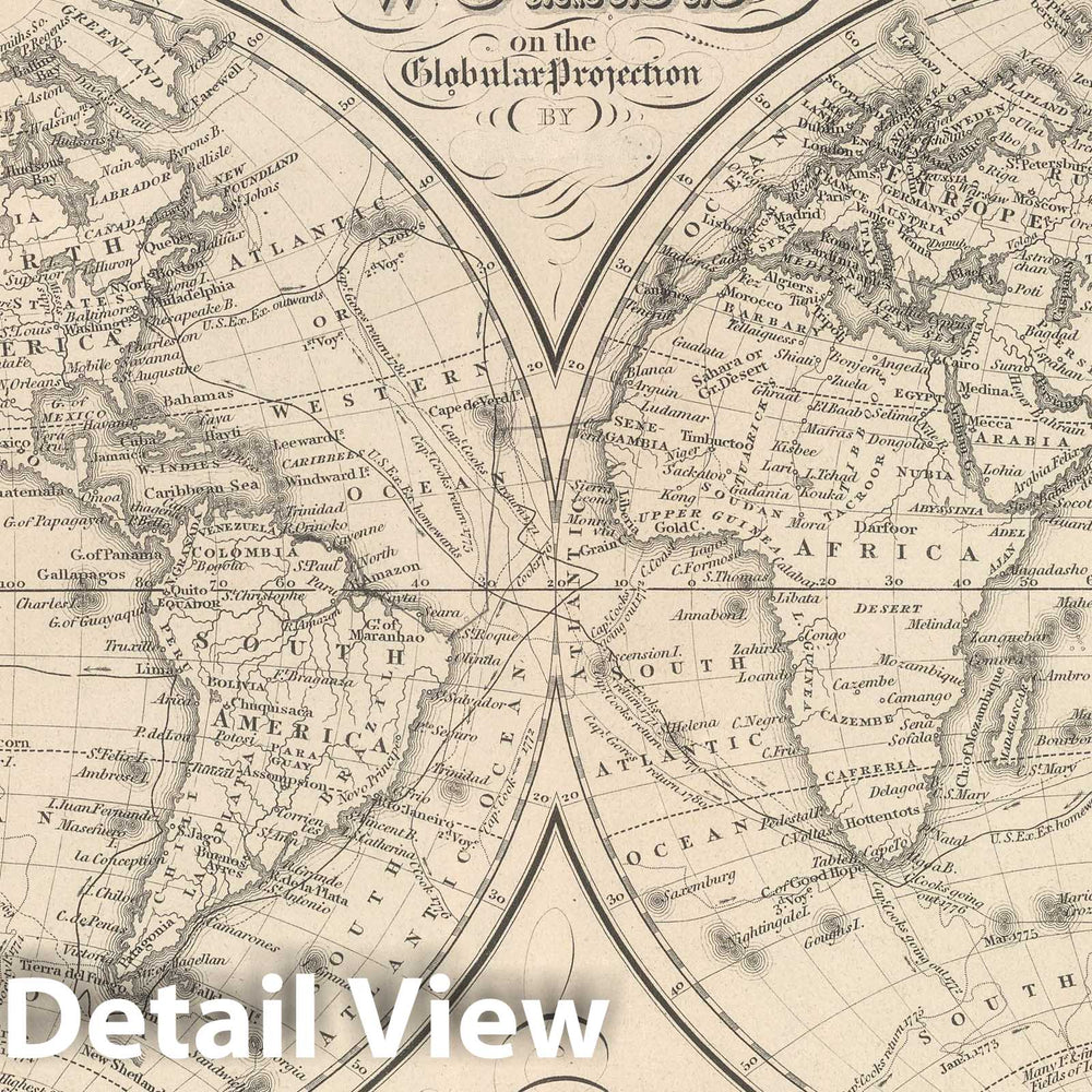 Historic Map : 1848 The World on the Globular Projection - Vintage Wal ...