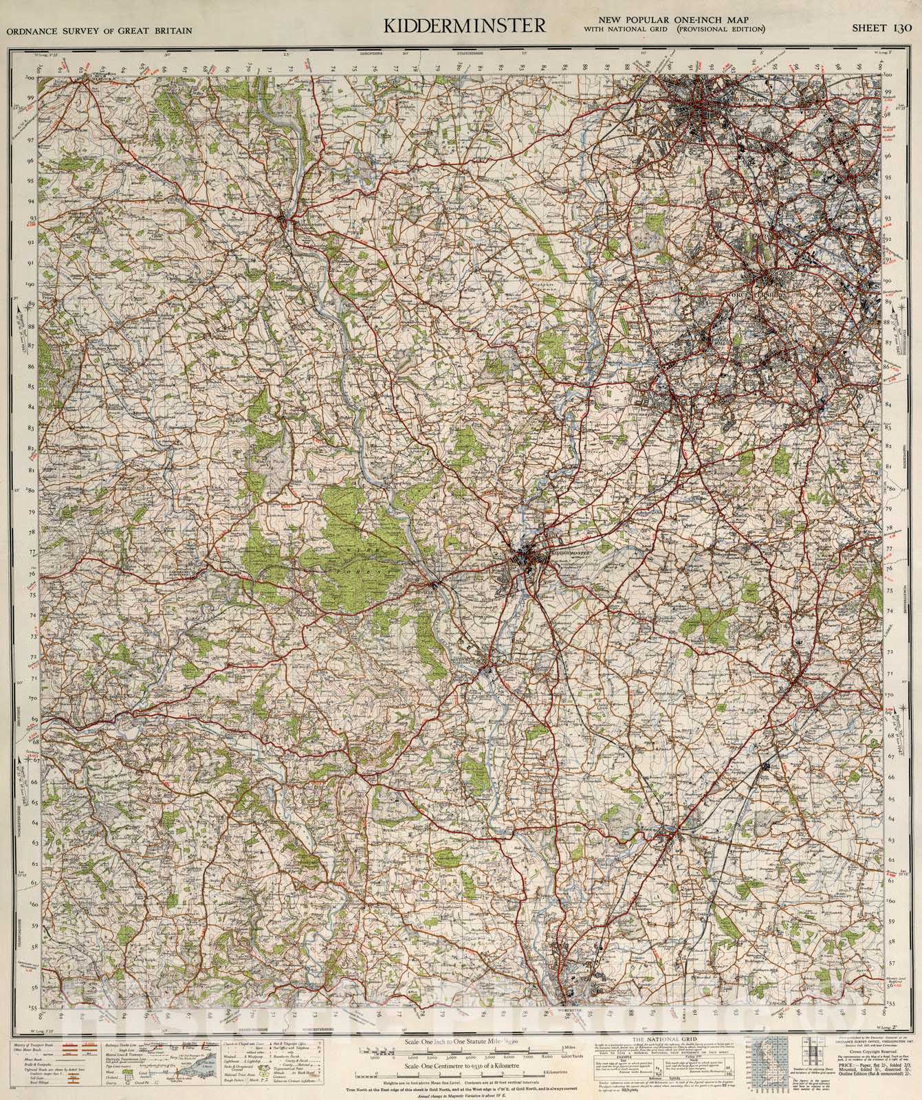 Historic Map : National Atlas - 1947 Sheet 130. Kidderminster. - Vinta ...