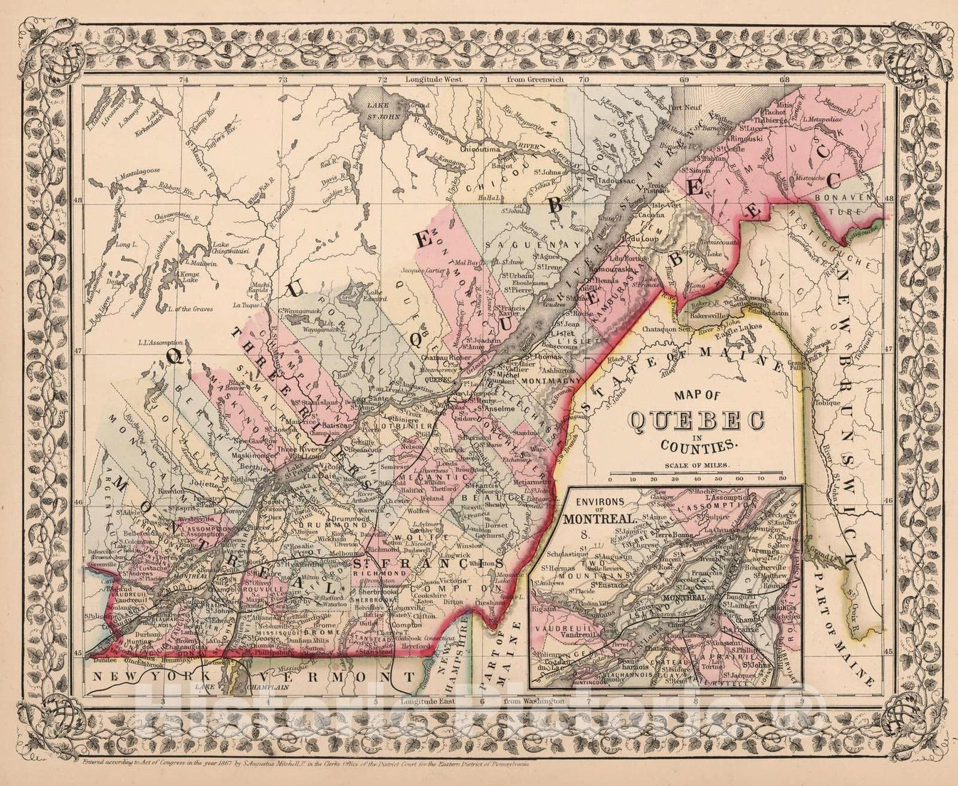Historic Map : 1868 Map of Quebec in Counties - Vintage Wall Art ...