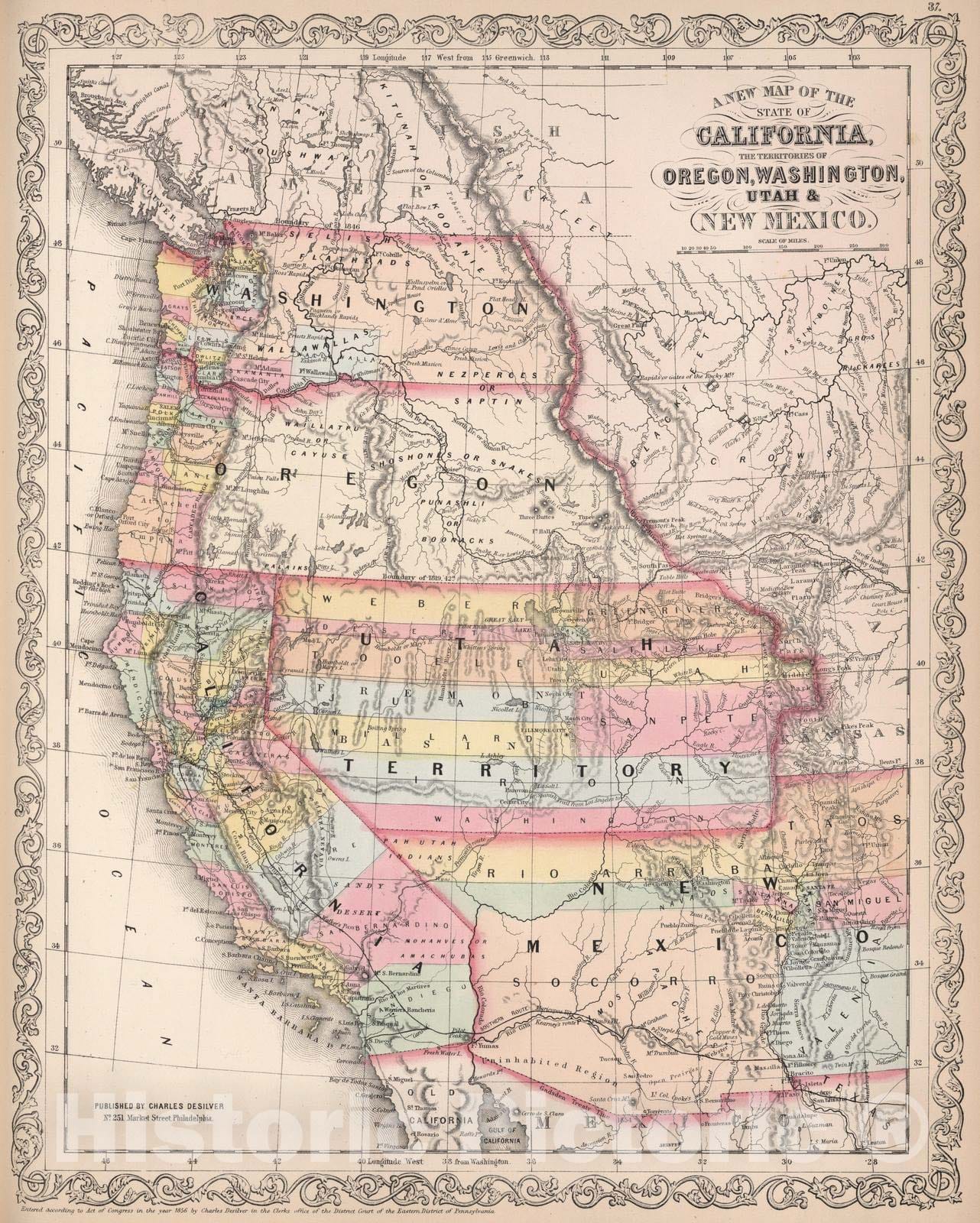 Historic Wall Map : 1857 California, Oregon, Washington, Utah, New Mex ...