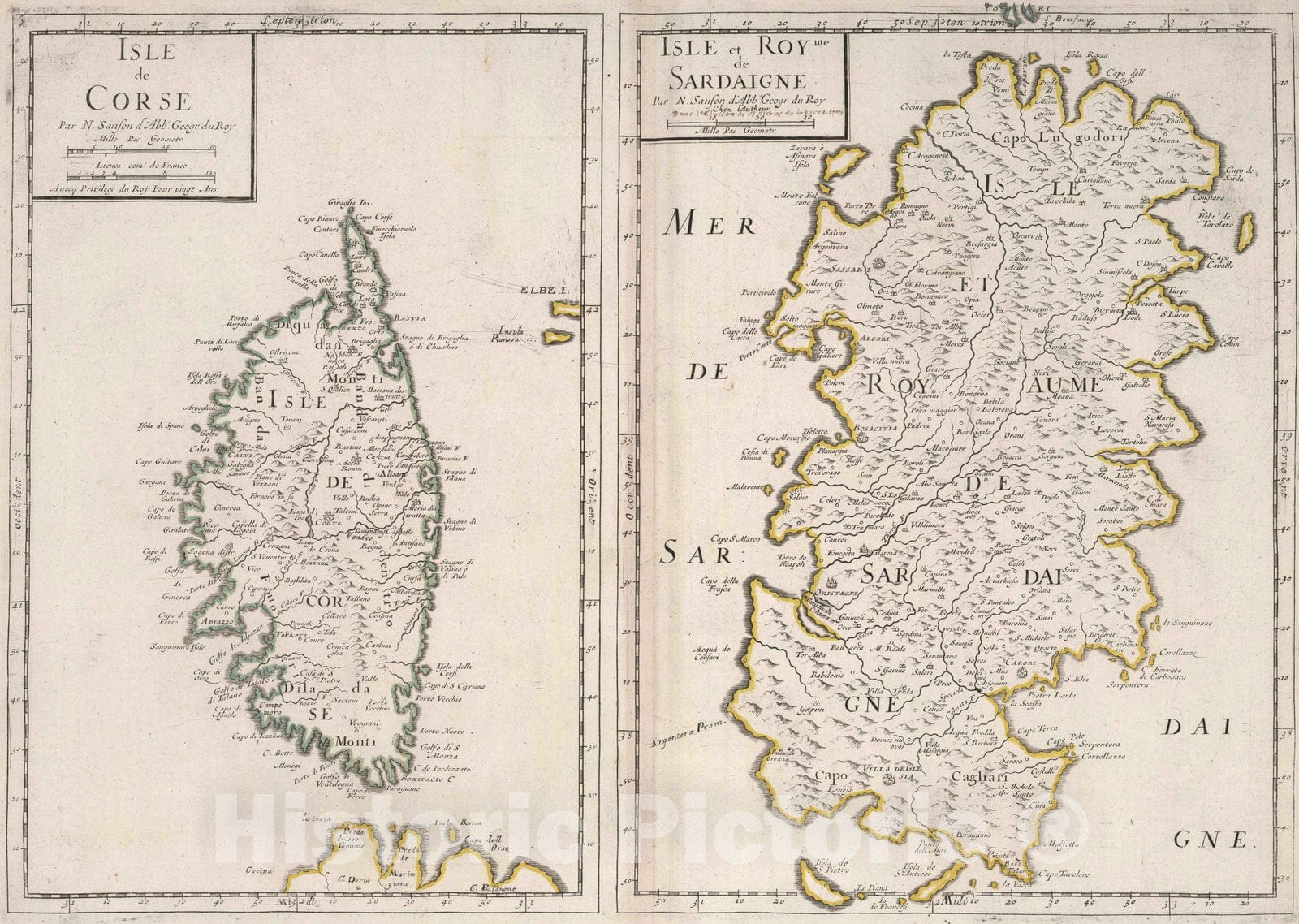 Historic Map : 1697 Corsica, France and Sardinia, Italy. - Vintage Wal ...