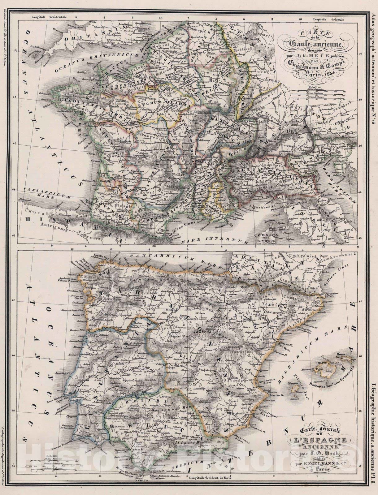 Historic Map : Spain, Iberian Peninsula 1834 16. Carte de la Gaule anc ...