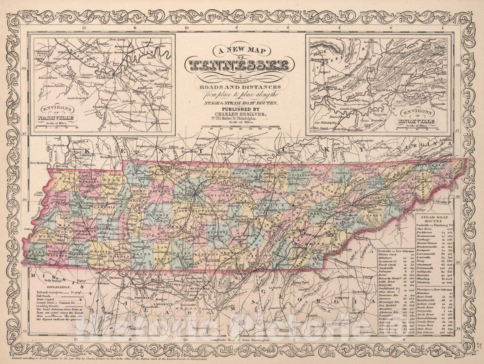 Historic Map : 1857 A New Map of Tennessee : Vintage Wall Art ...