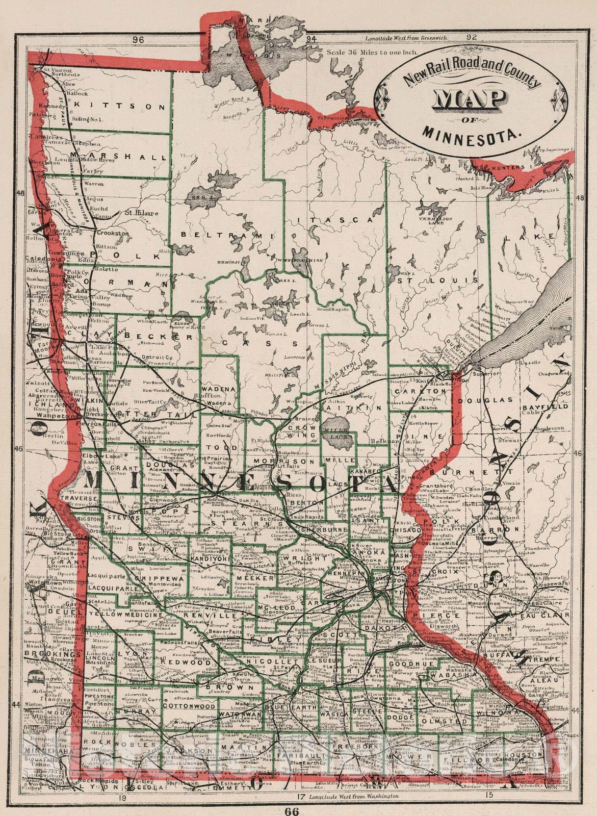 Historic Map : 1883 New Rail Road and County Map of Minnesota. - Vinta ...