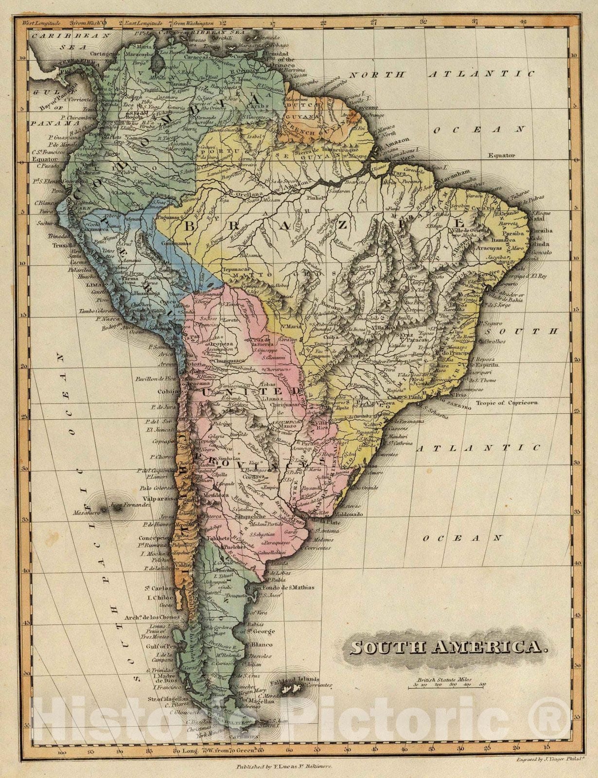 Historic Map : 1823 South America. - Vintage Wall Art - Historic Pictoric