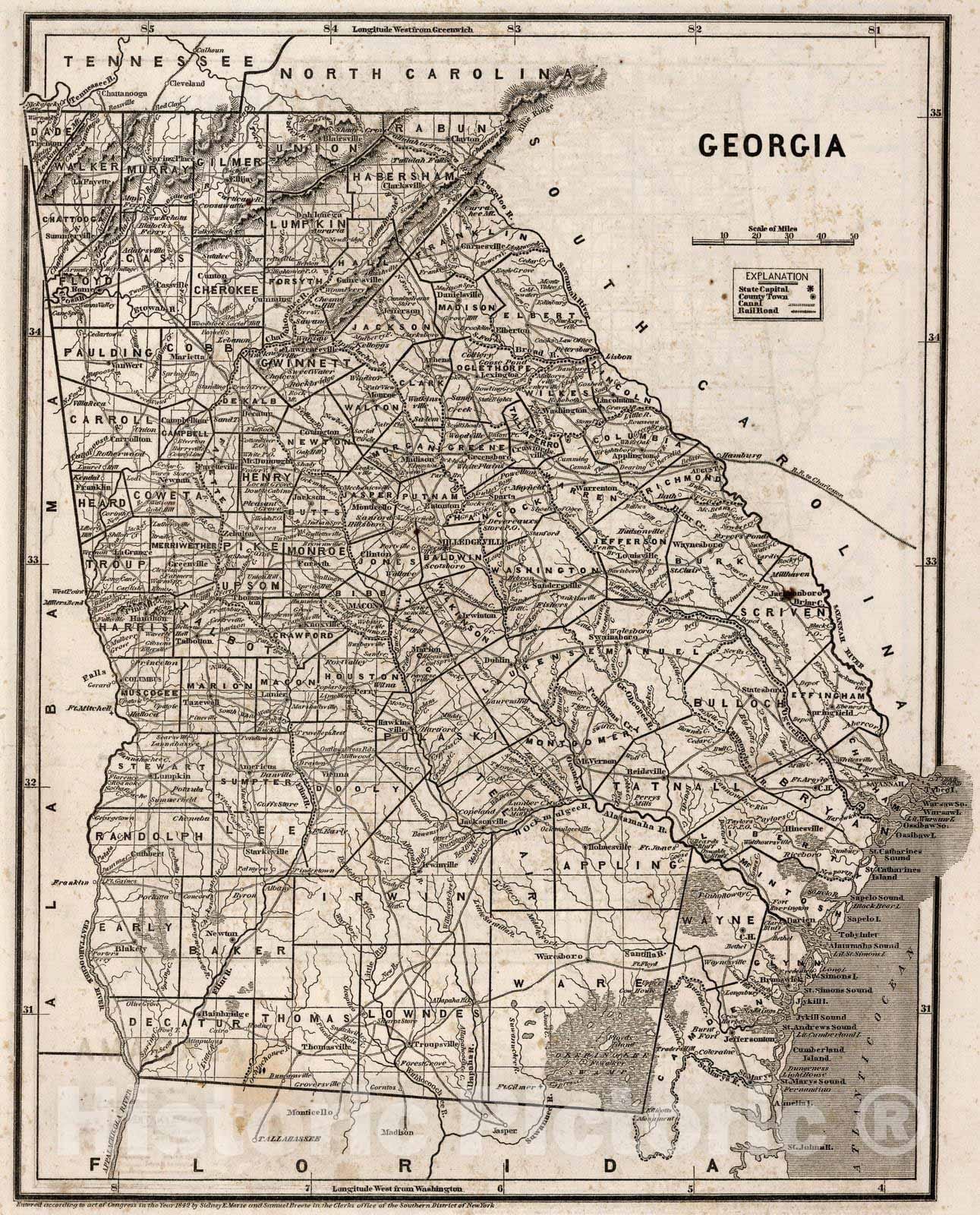 Historic Map : National Atlas - 1842 Georgia - Vintage Wall Art ...