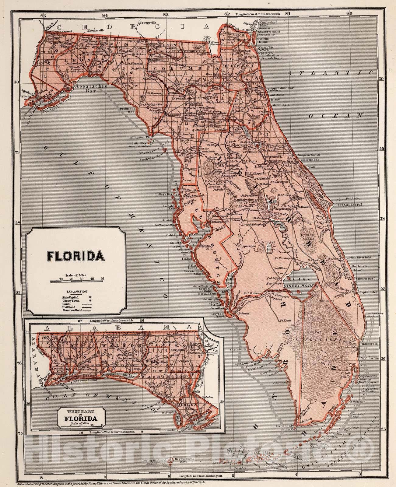 Historic Map : National Atlas - 1845 Florida - Vintage Wall Art ...