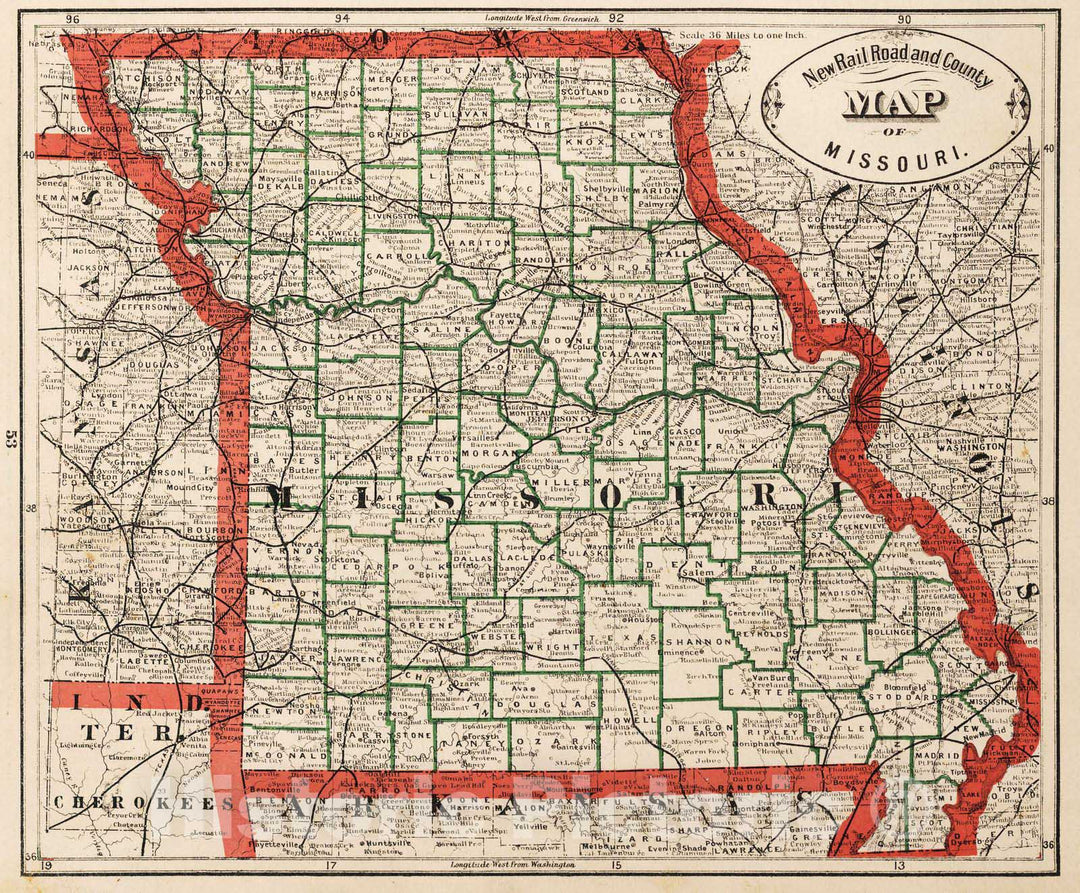 Historic Map : 1883 New Rail Road and County Map of Missouri. - Vintag ...