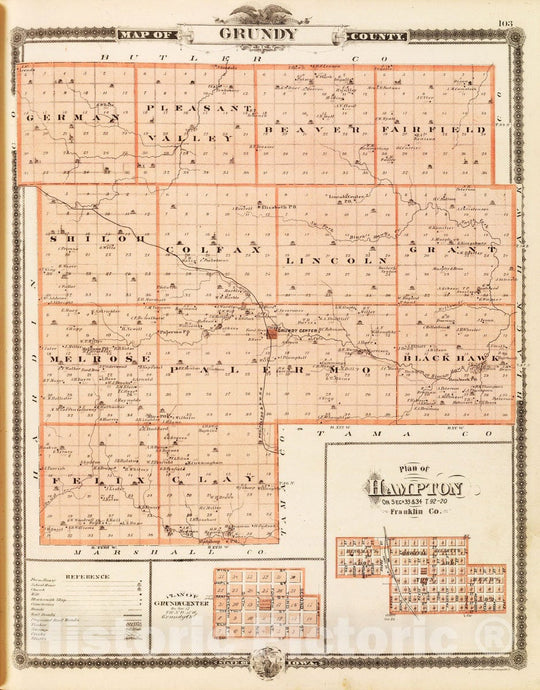 Historic Map : 1875 Map of Grundy County, State of Iowa, and Hampton a ...