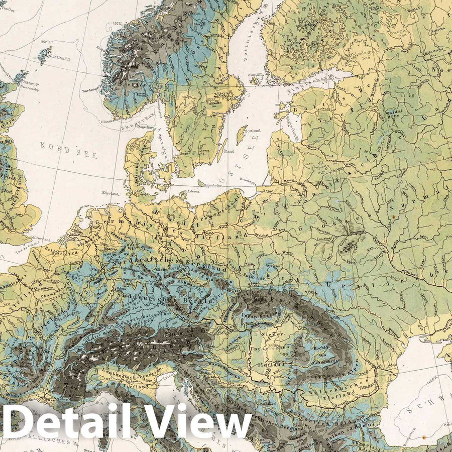 Historic Map - 1875 Europe: Topography and Hydrography, Atlas - Vintag ...