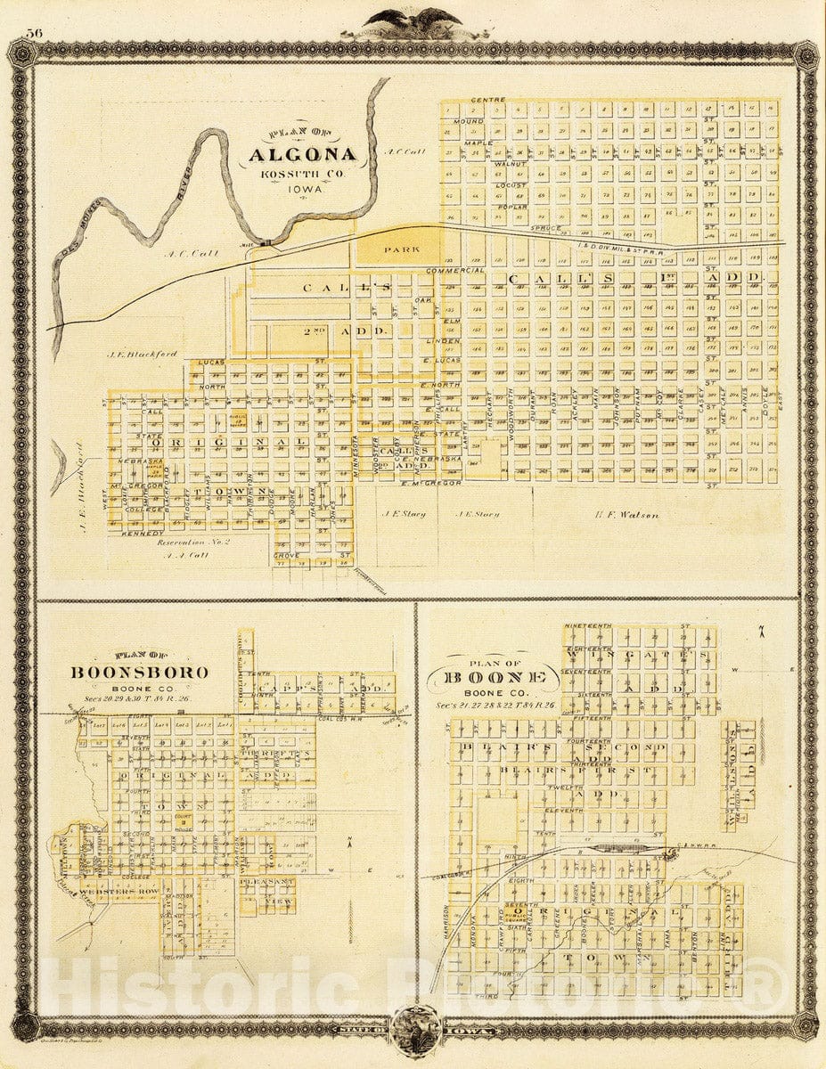 Historic Map - 1875 Plans of Algona, Boonsboro and Boone, Iowa. - Vint ...