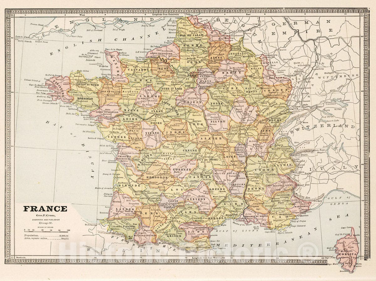 Historic Map : 1883 France. v2 - Vintage Wall Art – Historic Pictoric