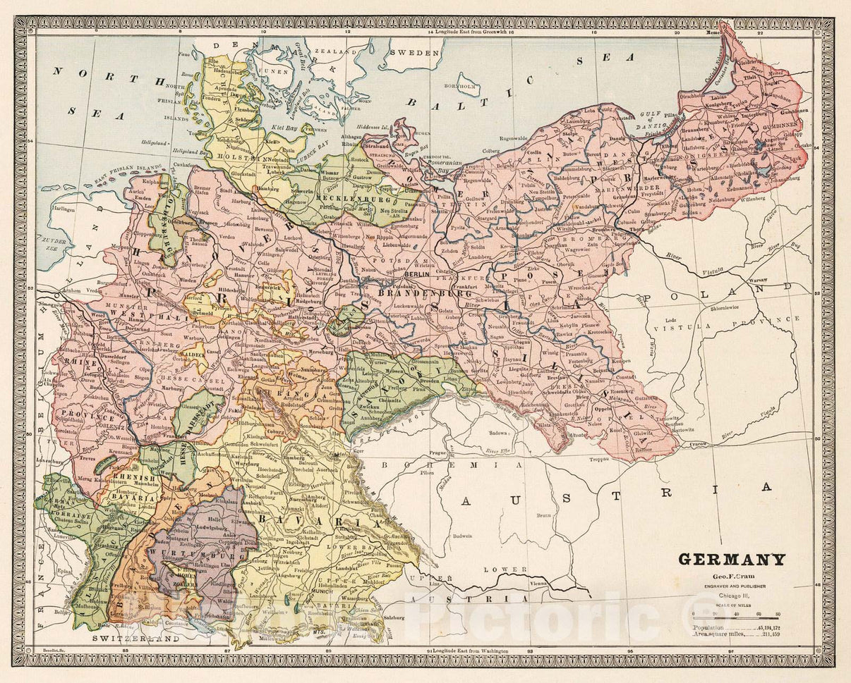 Germany 1883 Historical Map Print | Cram's Family Atlas – Historic Pictoric