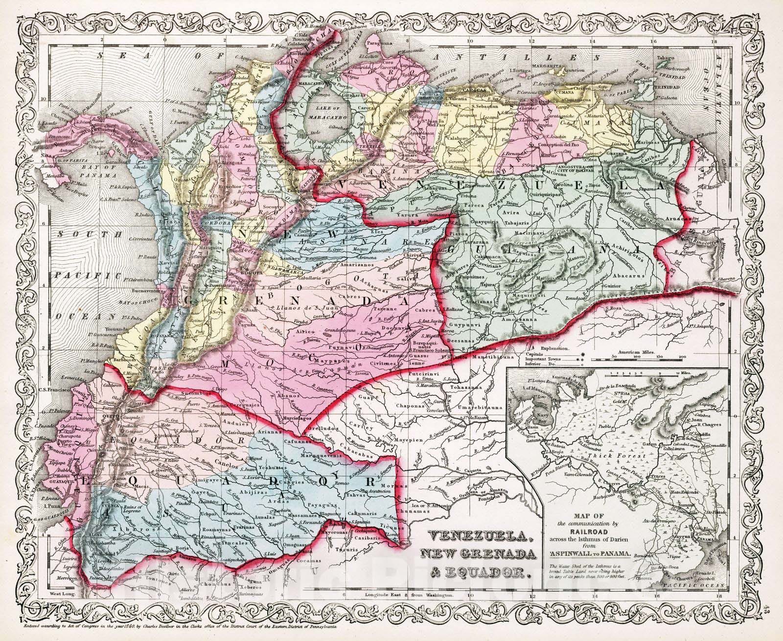 Historic Map : Ecuador, 1860 Venezuela, New Grenada & Equador. , Vinta ...