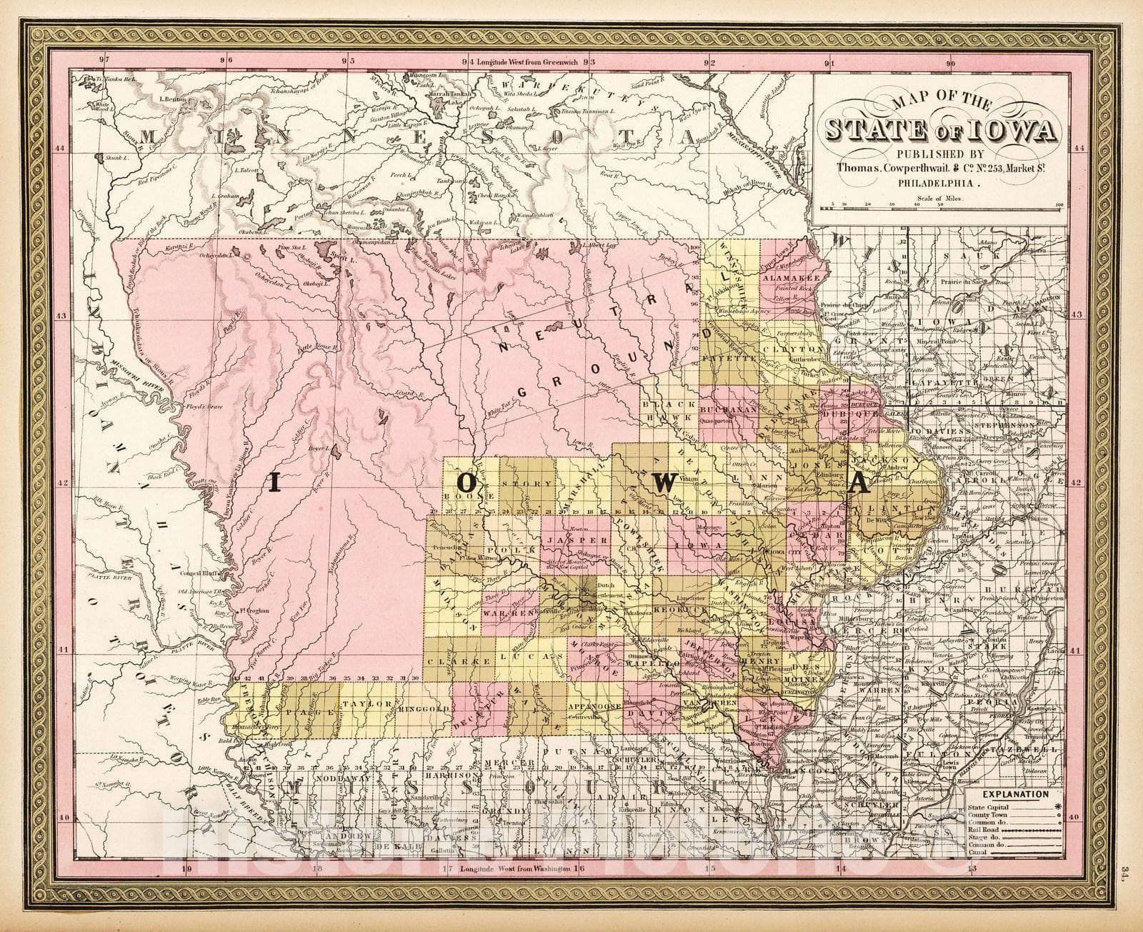 Historic Map : 1850 Iowa. - Vintage Wall Art - Historic Pictoric