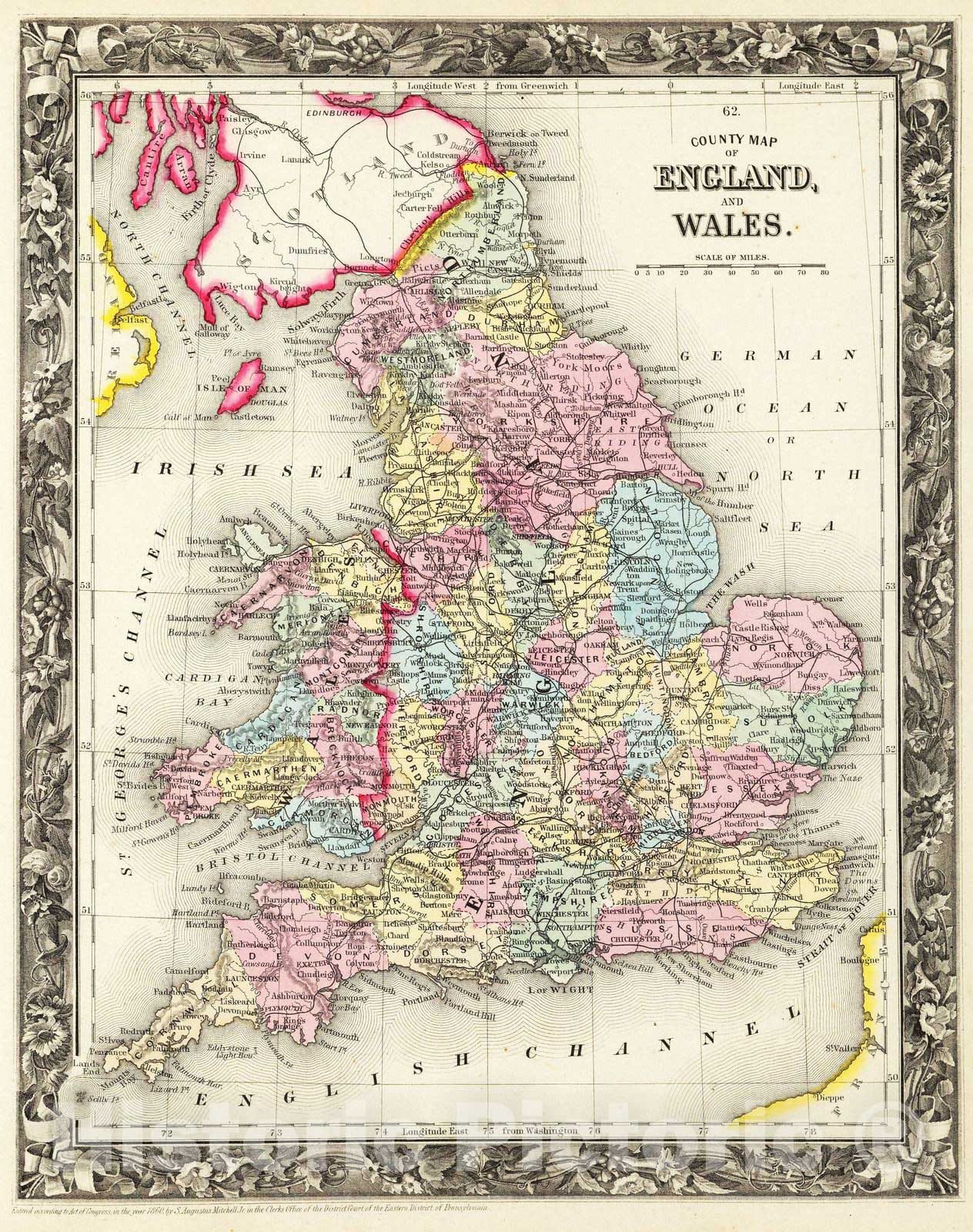 Historic Map : 1860 County Map of England and Wales : Vintage Wall Art ...