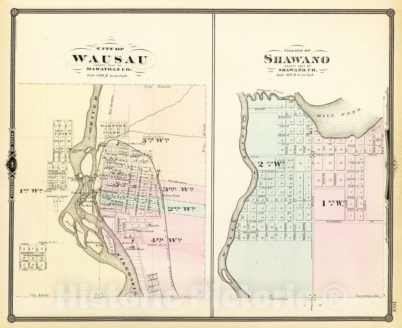 Historic Map : 1878 City of Wausau, Village of Shawano. - Vintage Wall ...