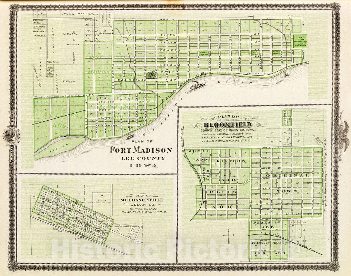 Historic Map : 1875 Plans of Fort Madison, Bloomfield and Mechanicsvil ...