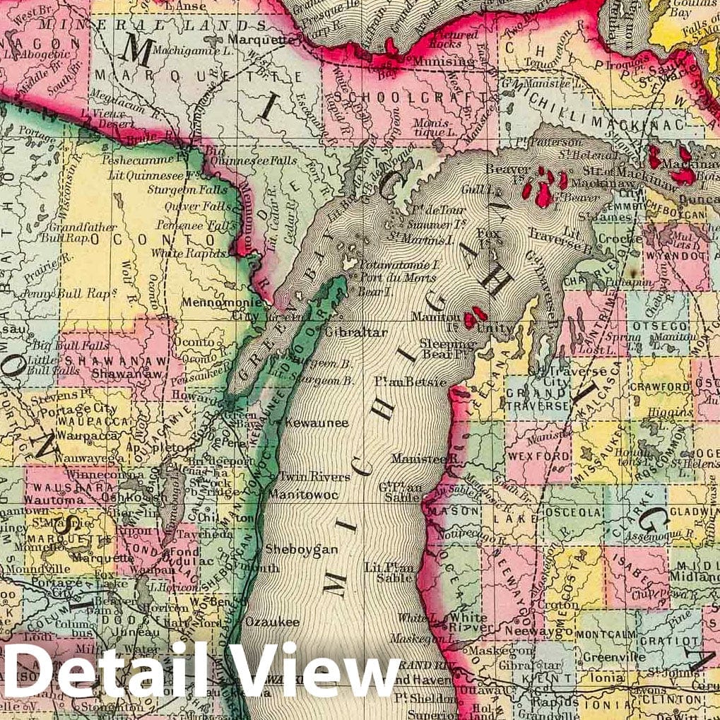 Historic Wall Map : 1860 County Map Of Michigan, And Wisconsin. - Vint ...