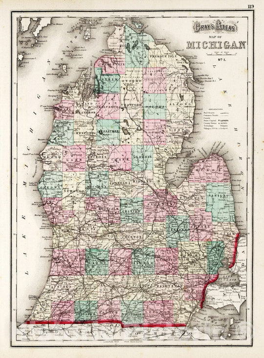 Historic Wall Map : 1873 Michigan. - Vintage Wall Art – Historic Pictoric