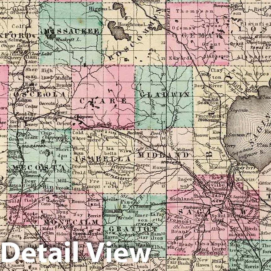 Historic Wall Map : 1873 Michigan. - Vintage Wall Art – Historic Pictoric