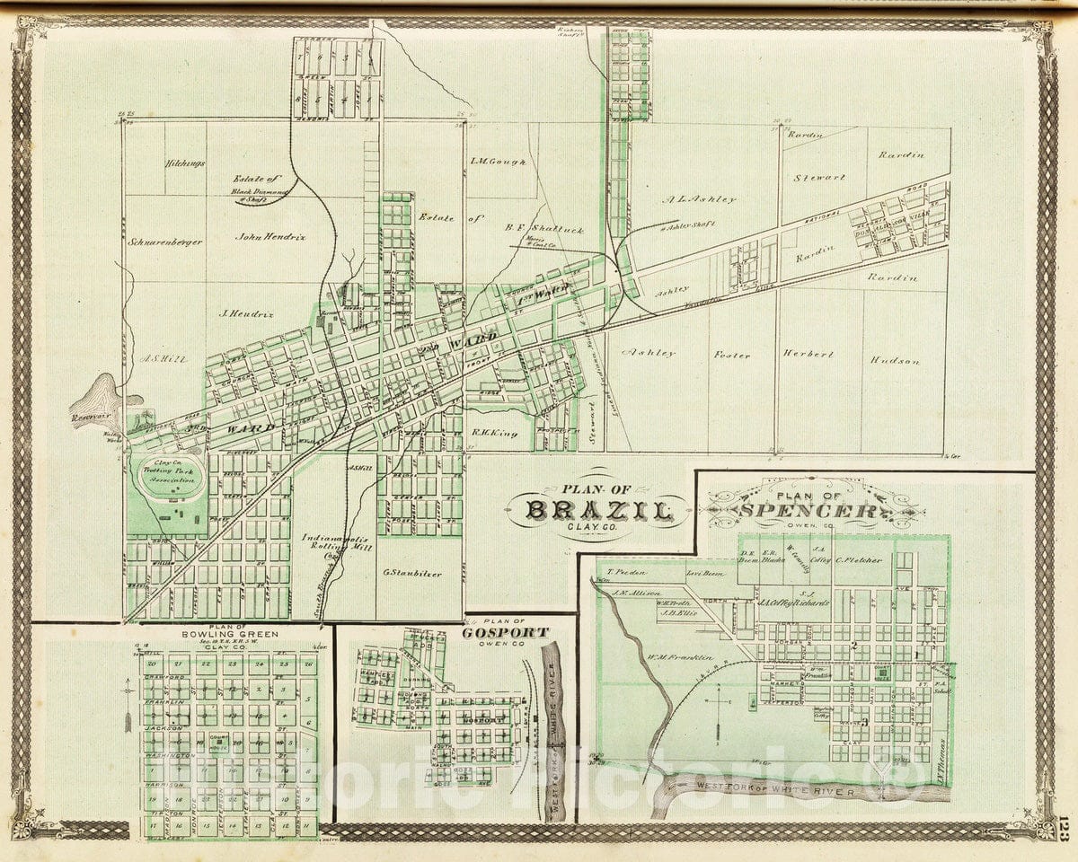 Historic Map : 1876 Plan of Brazil, Clay Co. (with) Bowling Green, Gos ...